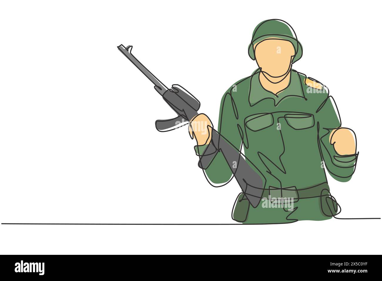 Continuous one line drawing soldier with weapon, full uniform, and ...