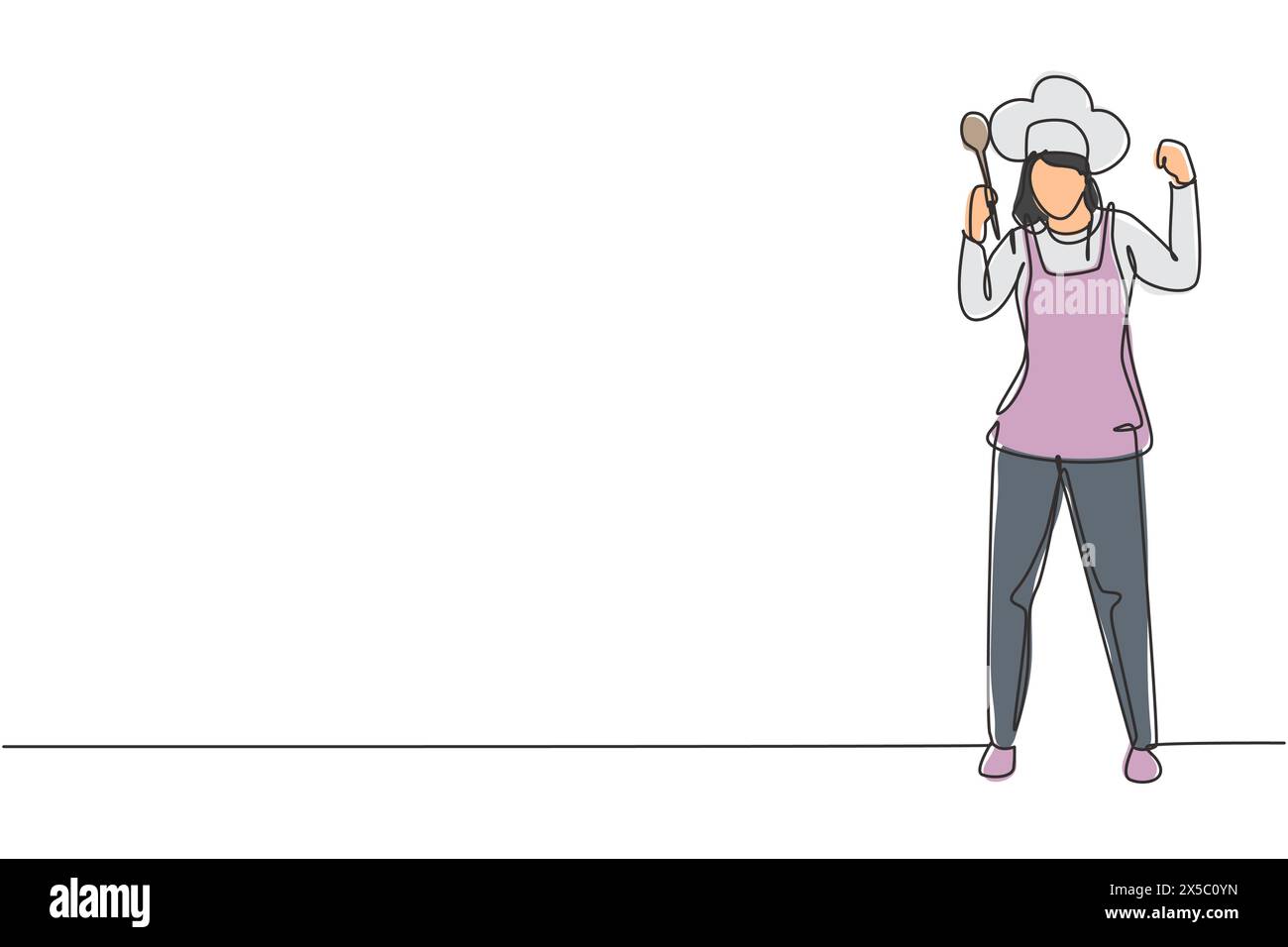 Single one line drawing female chef stands with celebrate gesture ...