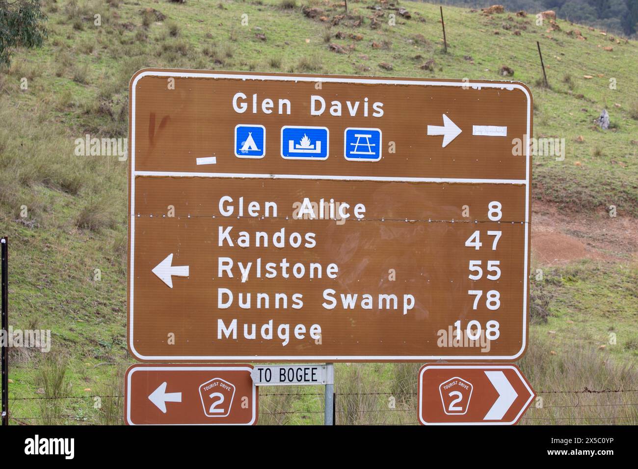 Capertee valley in regional New South Wales and road sign with ...