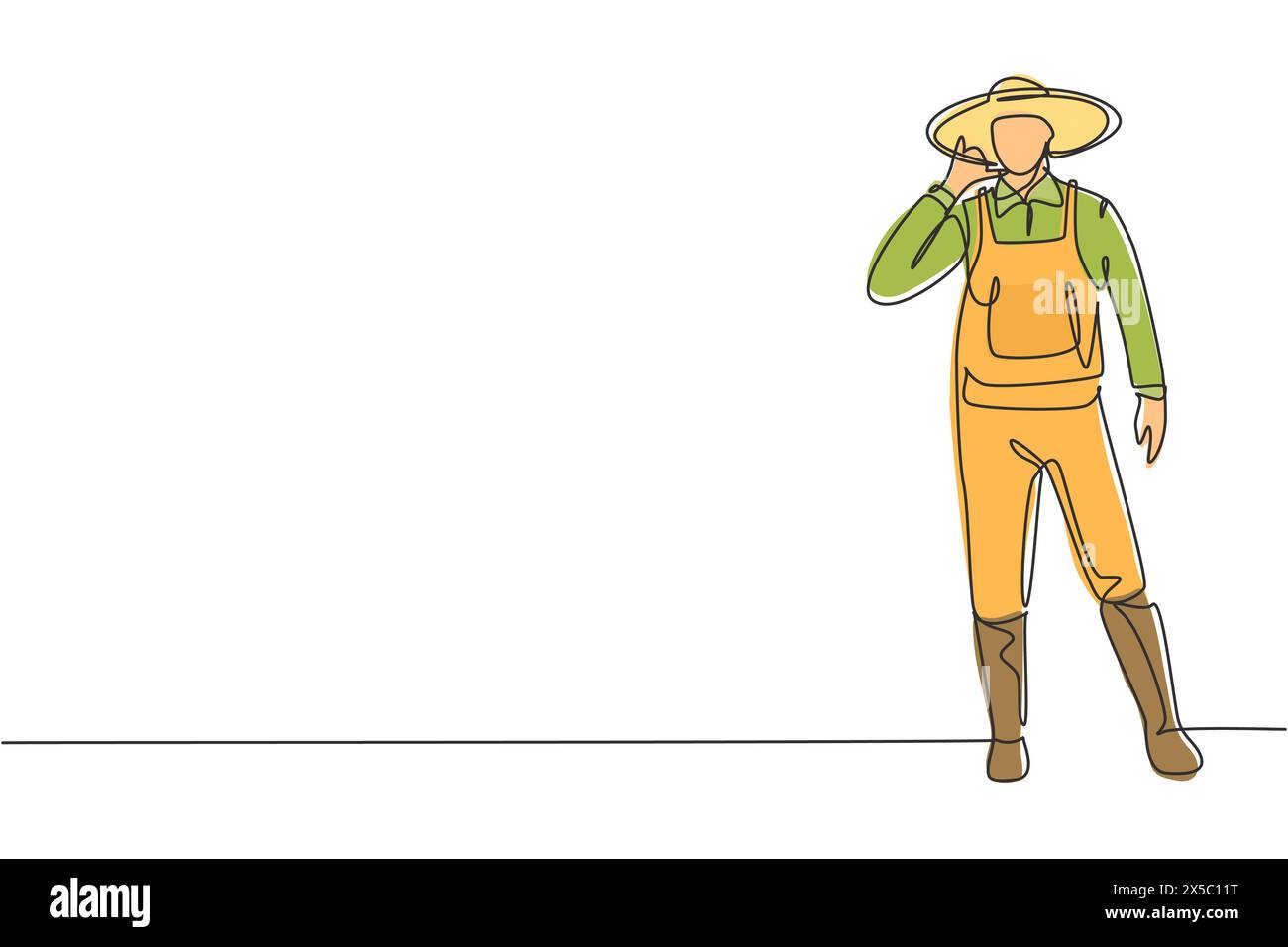 Single continuous line drawing farmer stood with call me gesture ...
