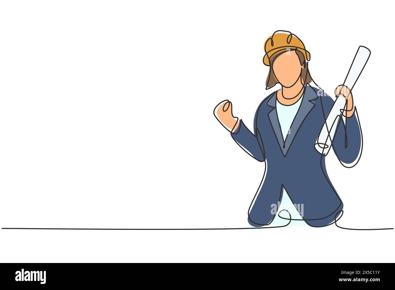 Single continuous line drawing female architect with celebrate gesture ...