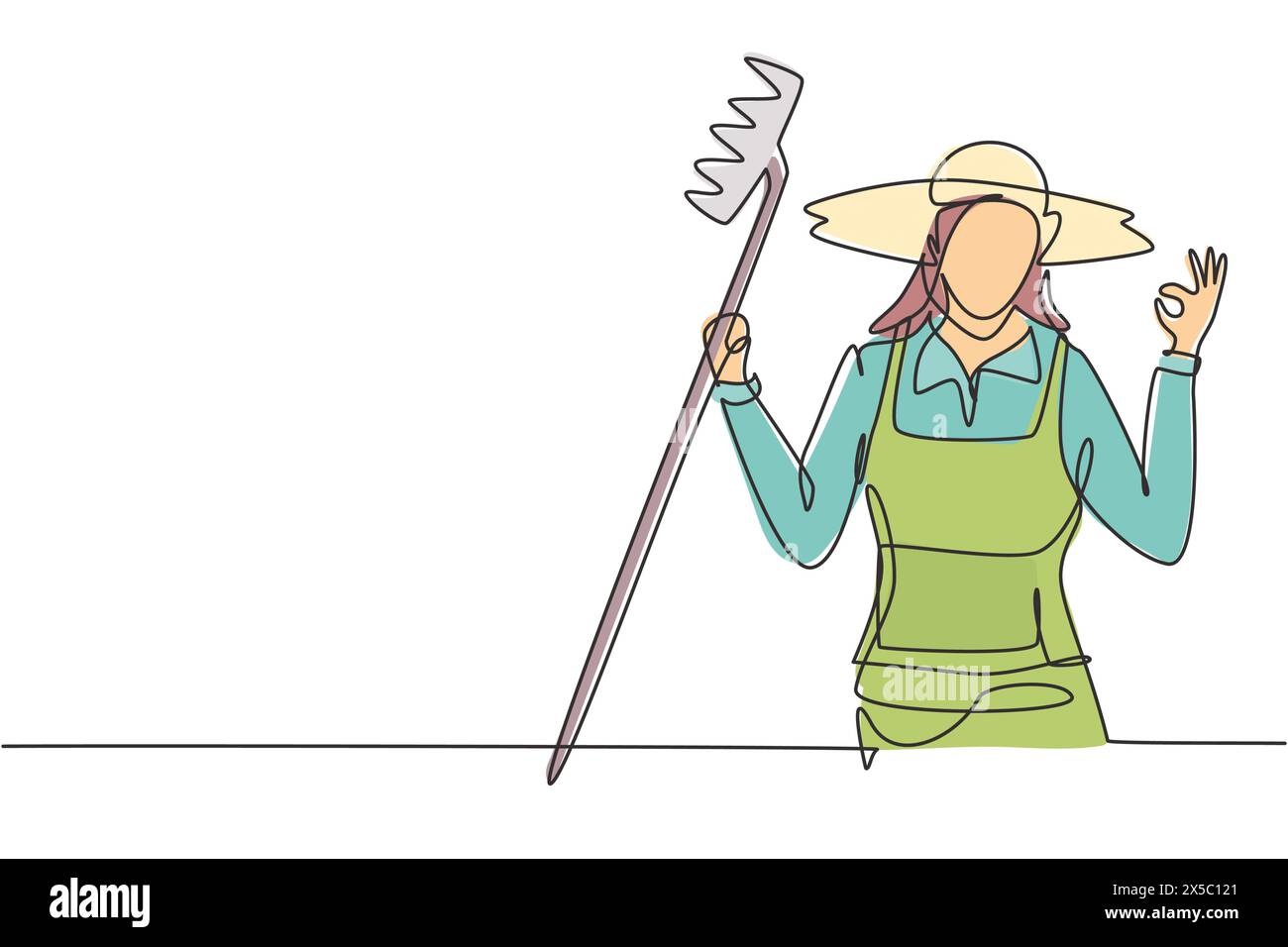 Continuous one line drawing female farmer with gesture okay wearing ...
