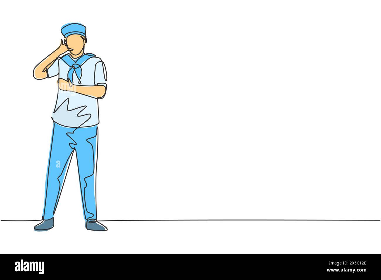 Continuous one line drawing sailor man stands with call me gesture and ...