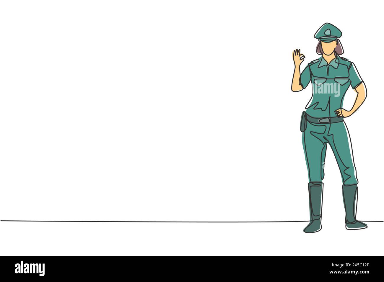 Single continuous line drawing policewoman standing with gesture okay ...