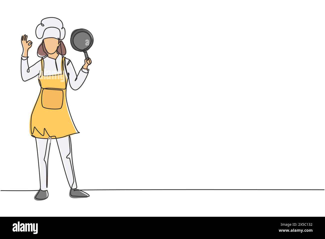 Single one line drawing female chef stands with gesture okay, holding ...