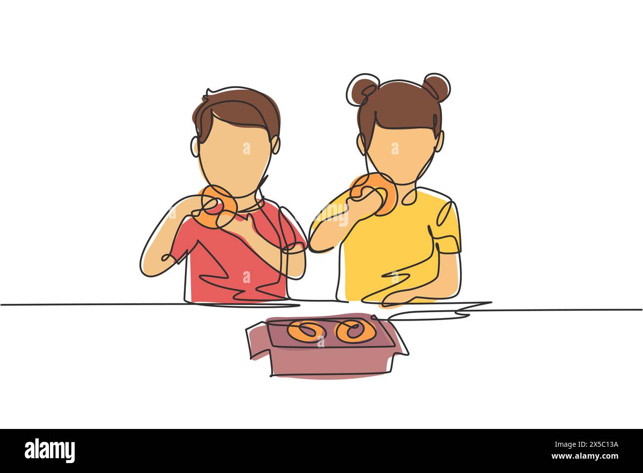 Continuous one line drawing two boy and girl having donuts meal with ...
