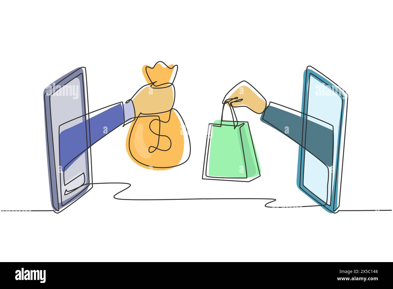 Single continuous line drawing two hands out of the smartphone screen ...