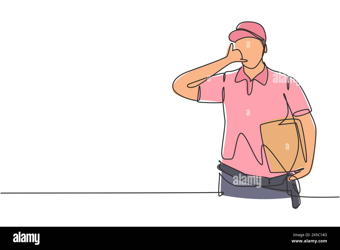 Single continuous line drawing deliveryman with call me gesture ...