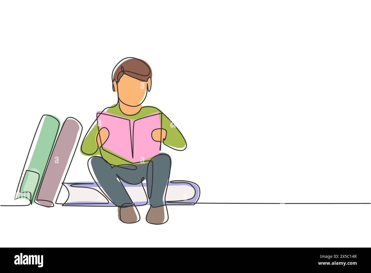 Single one line drawing little boy reading, learning and sitting on big ...