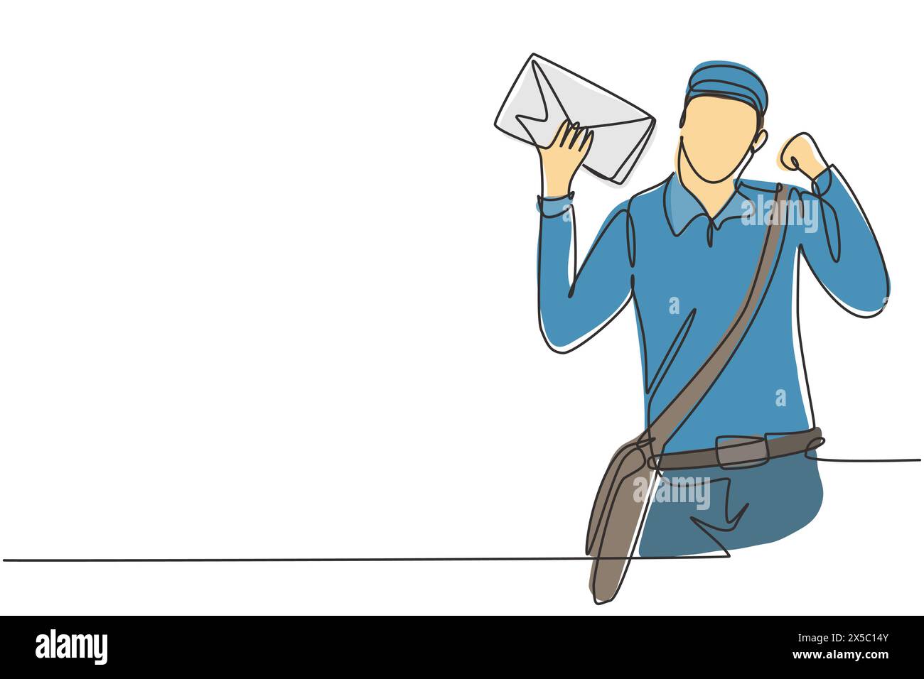 Single continuous line drawing postman with celebrate gesture, wearing ...