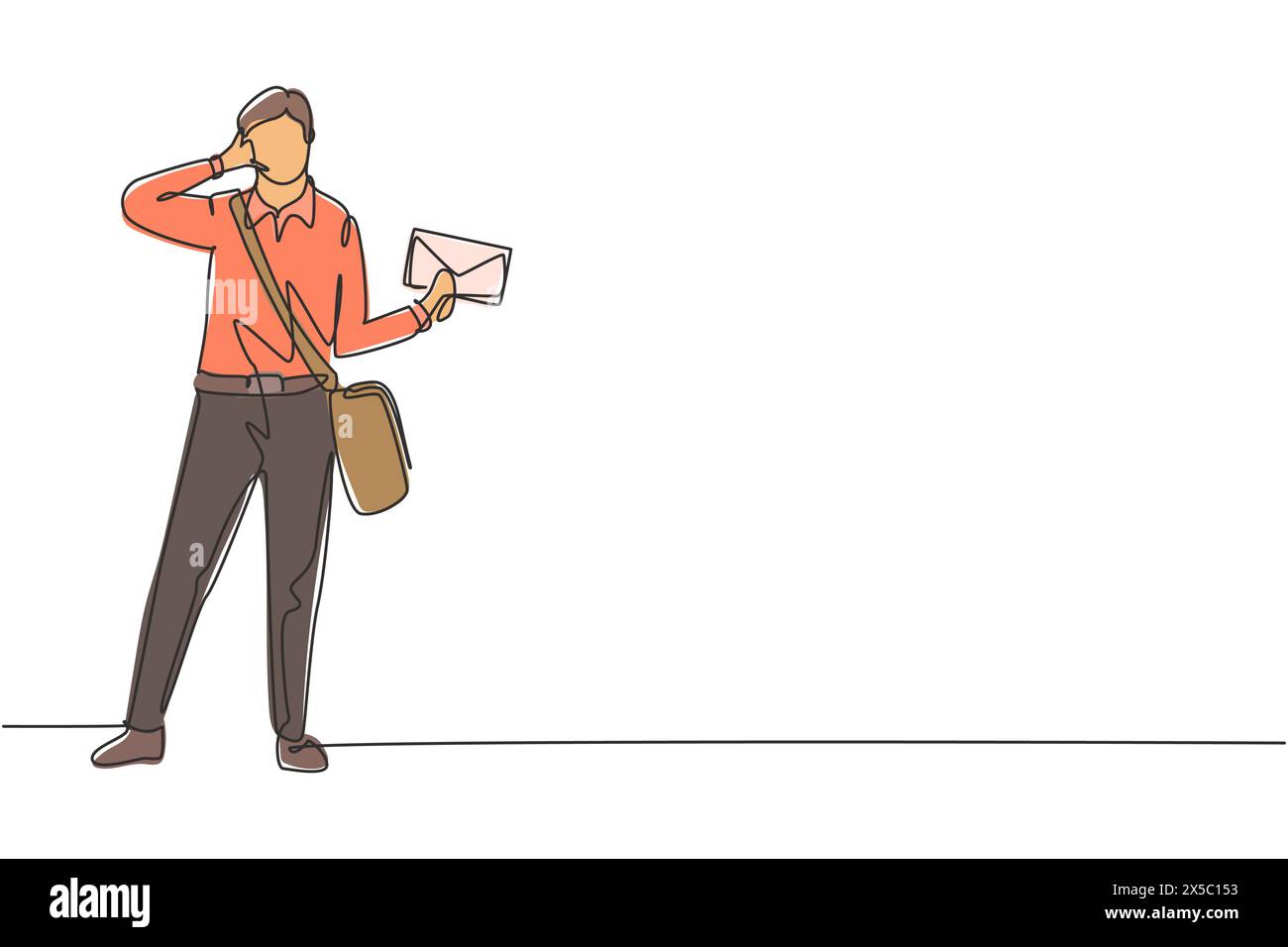 Single one line drawing postman standing in hat, sling bag, uniform ...