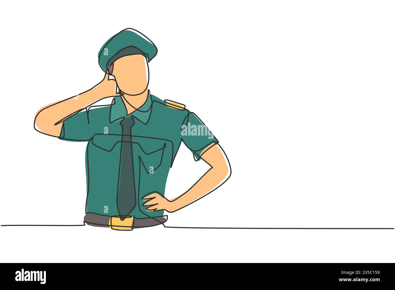 Continuous one line drawing pilot with call me gesture and full uniform ...