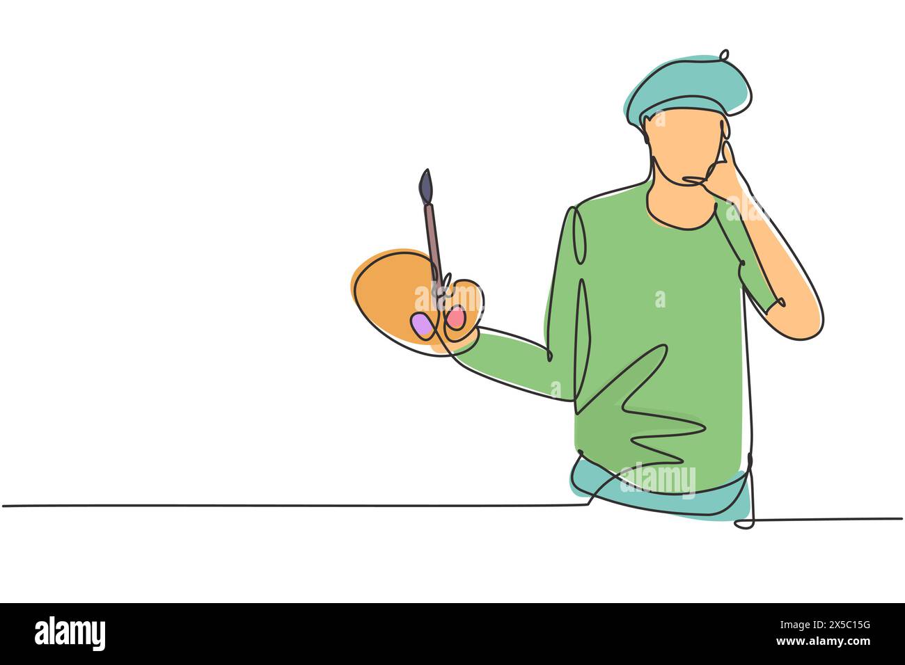 Continuous one line drawing artist painter with call me gesture using ...