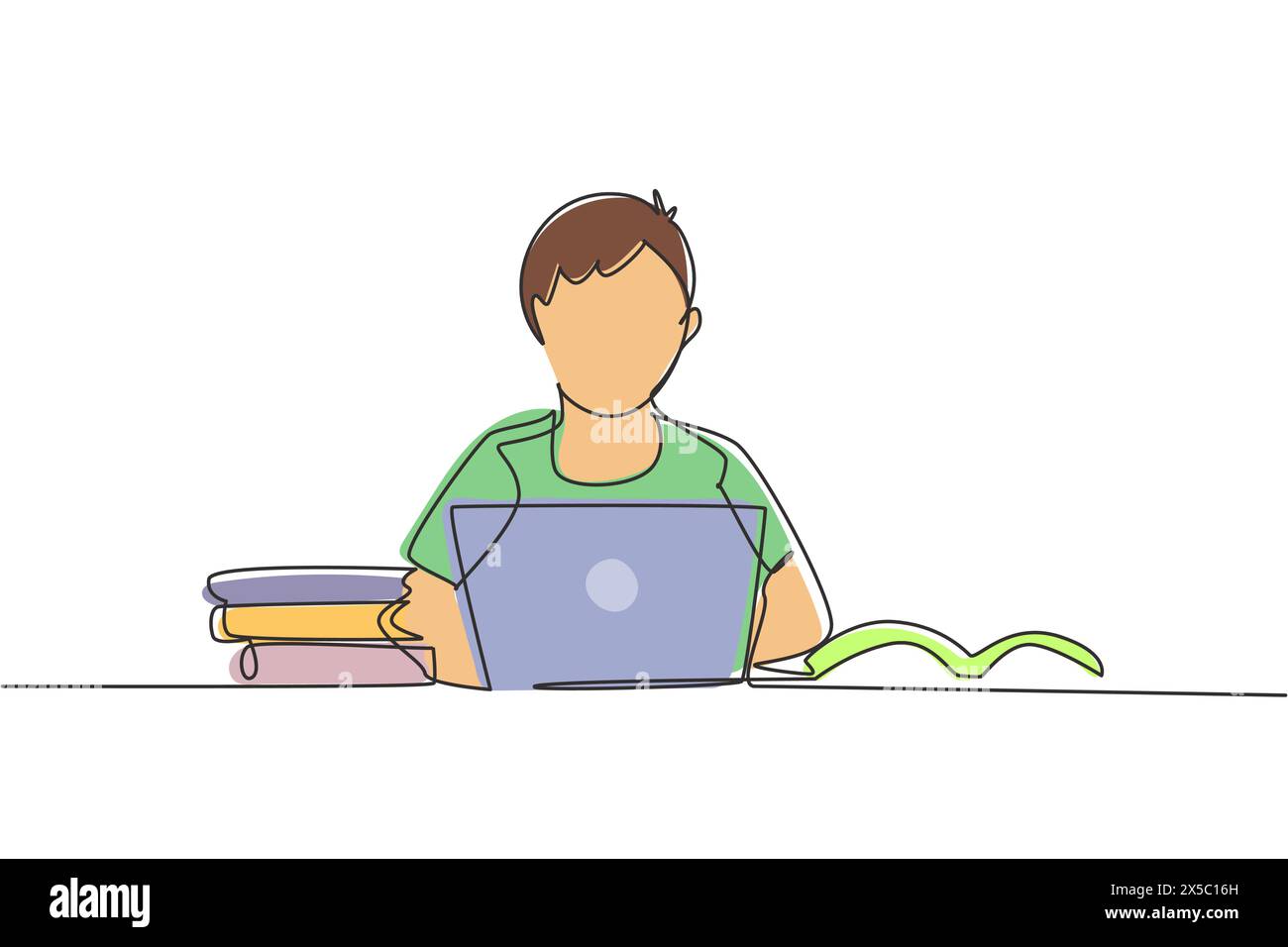 Single one line drawing young male studying with laptop and pile of ...