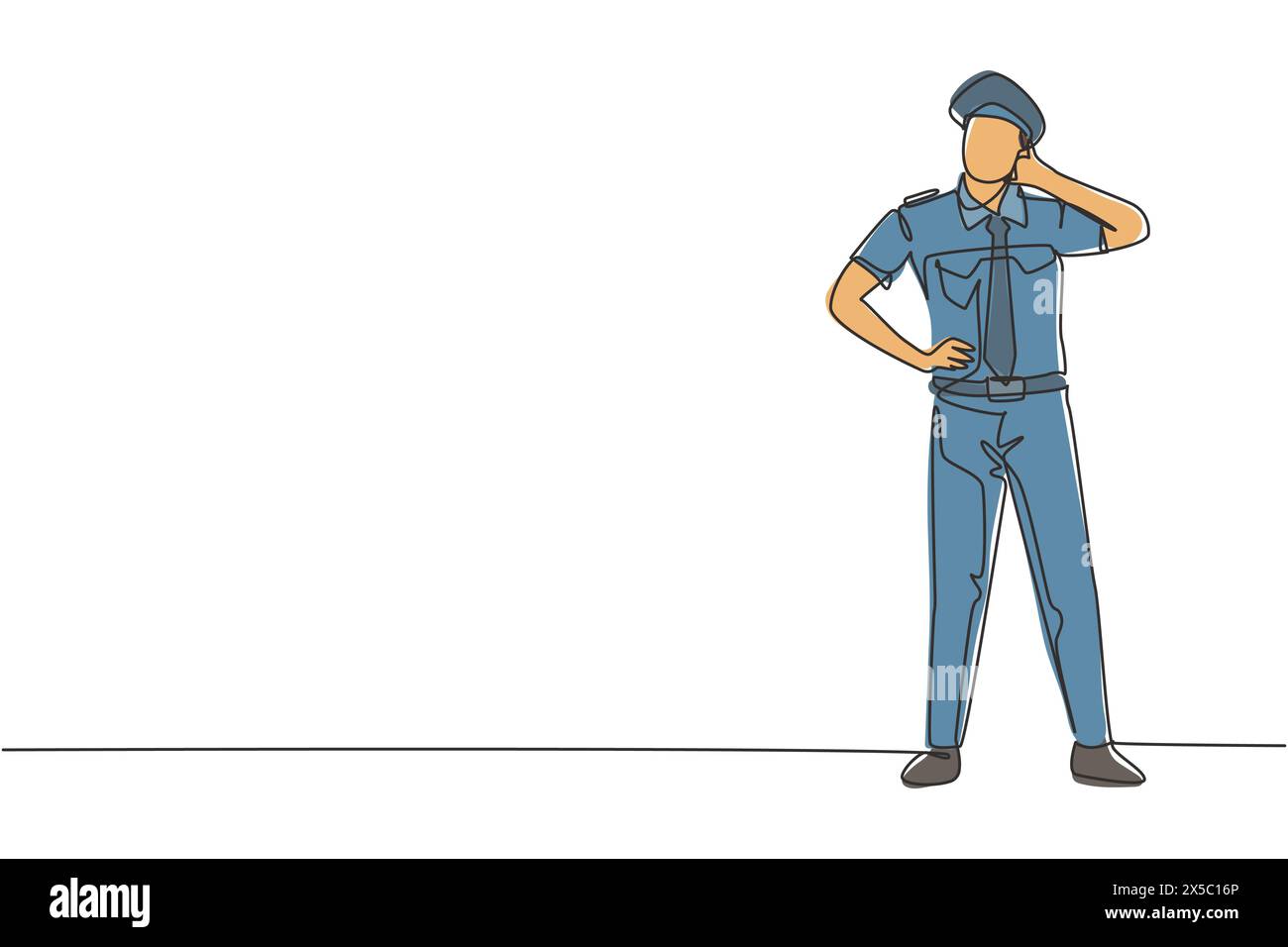 Single continuous line drawing pilot stands with call me gesture and ...