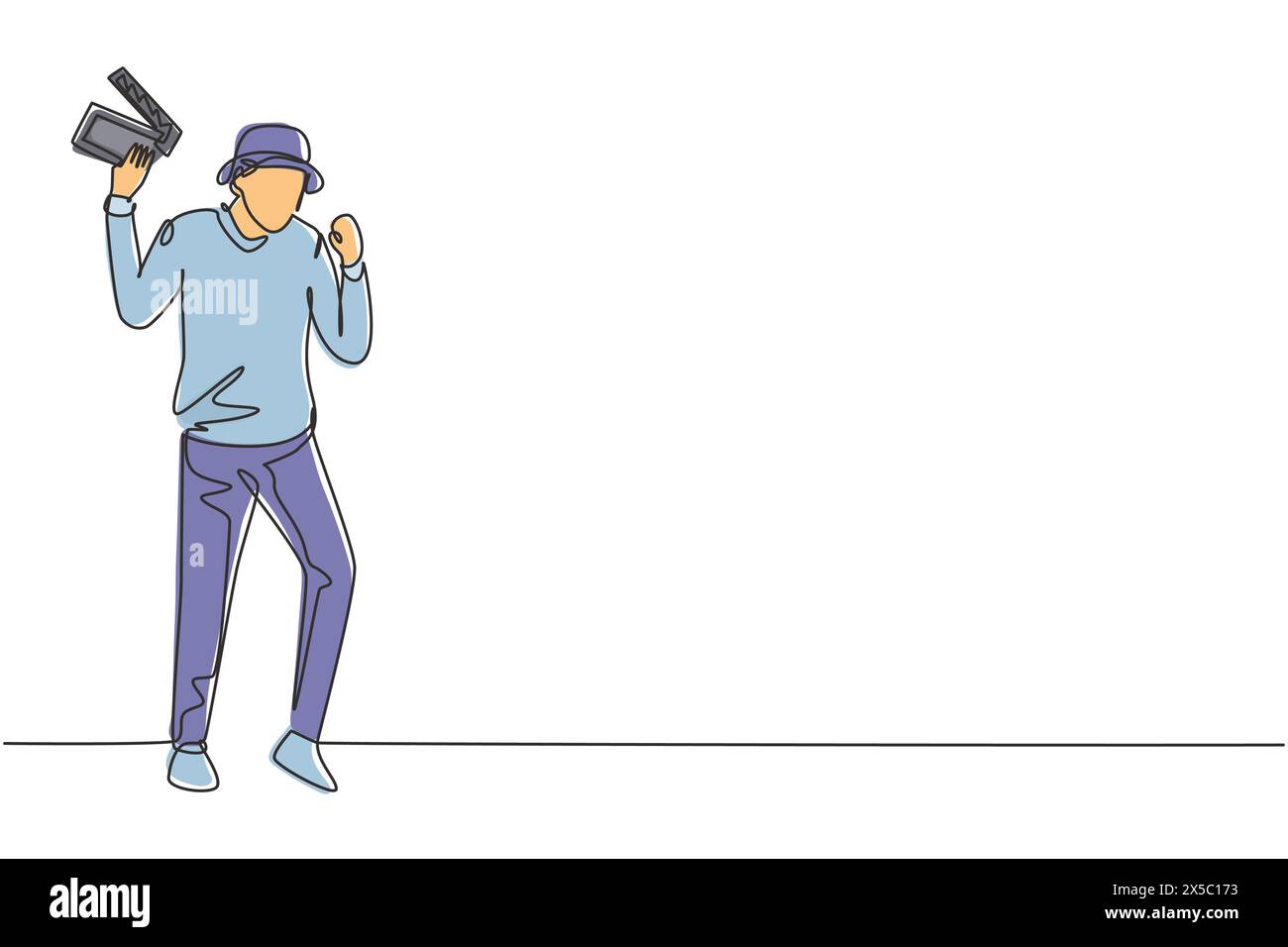 Single continuous line drawing film director stands with celebrate ...