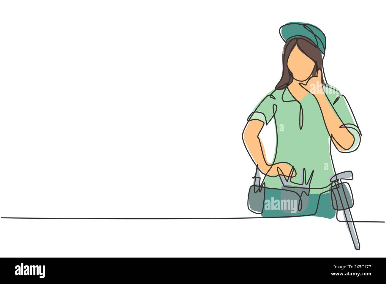 Continuous one line drawing handywoman with call me gesture ready to ...