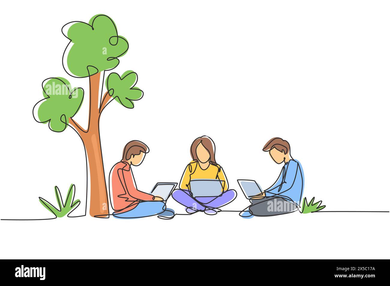 Single one line drawing three students studying with laptop and sitting ...