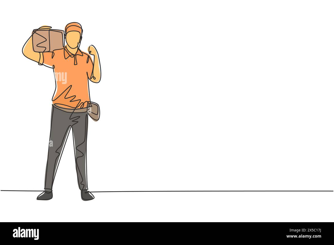 Single one line drawing deliveryman stands with celebrate gesture ...