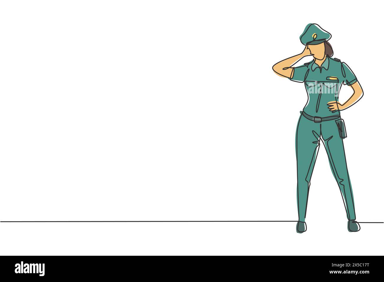 Single one line drawing policewoman standing with call me gesture and ...