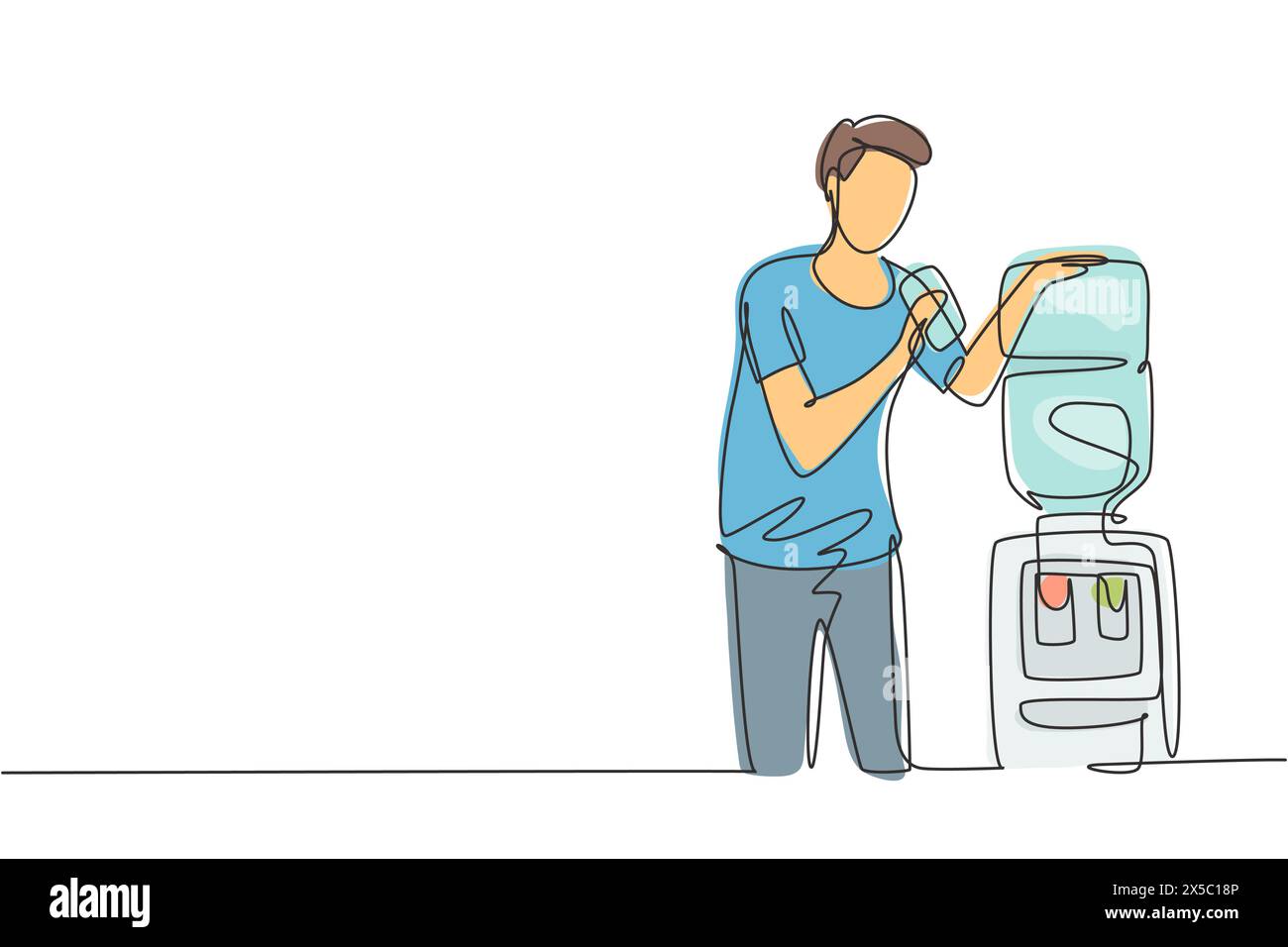 Single one line drawing young man drinking fresh water in a glass while ...