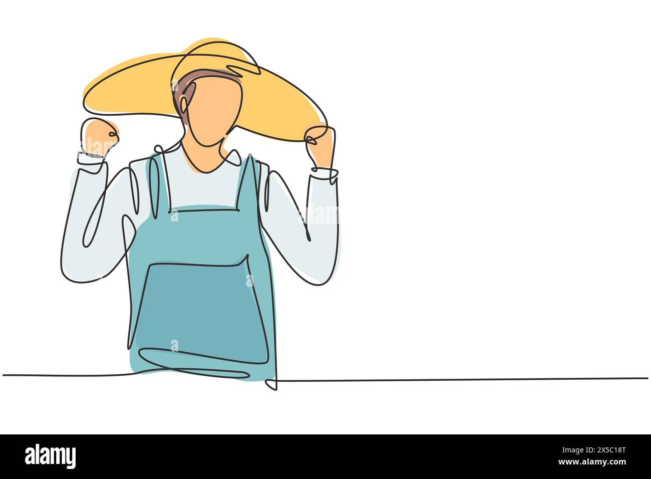 Single one line drawing farmer with celebrate gesture wearing straw hat ...