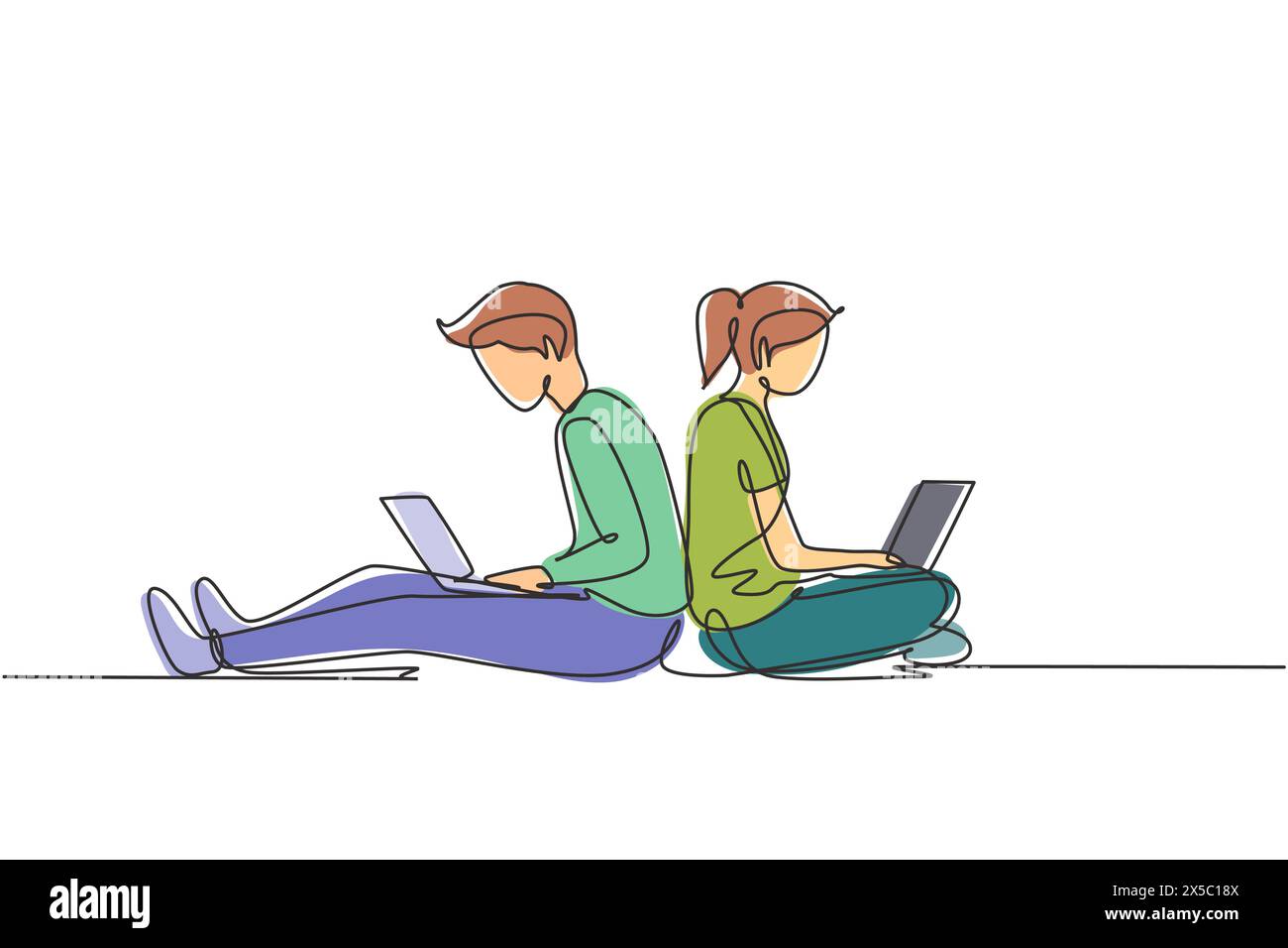 Continuous one line drawing couple with laptop sitting and lean on each ...