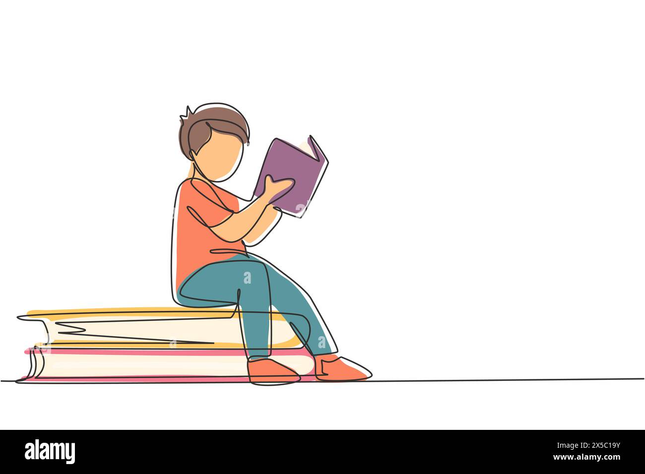 Single one line drawing little boy reading, learning and sitting on big ...