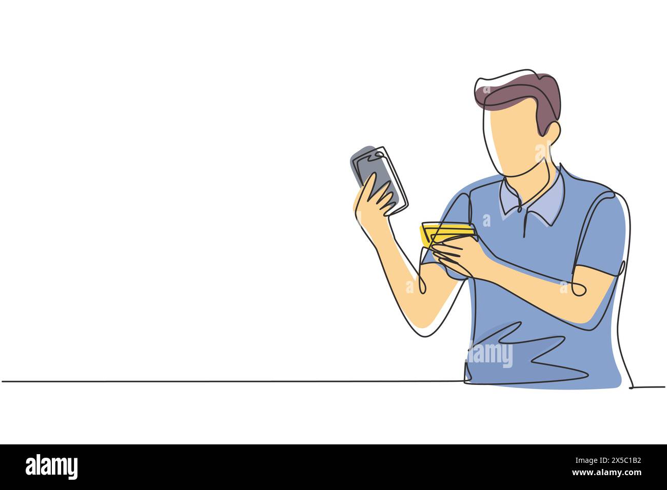 Single one line drawing young man sitting on chair and typing entering ...