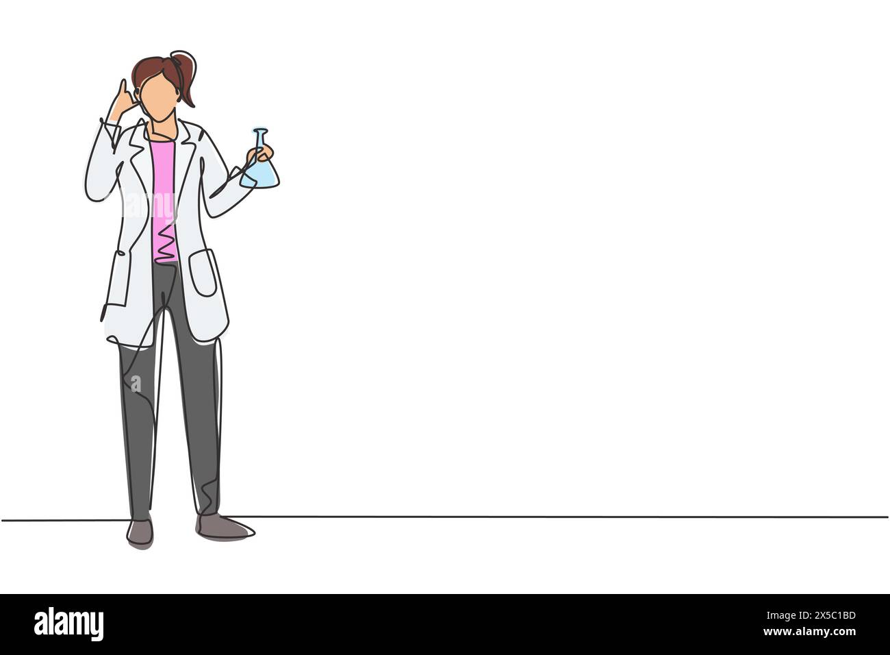 Continuous one line drawing female scientist stands with call me ...