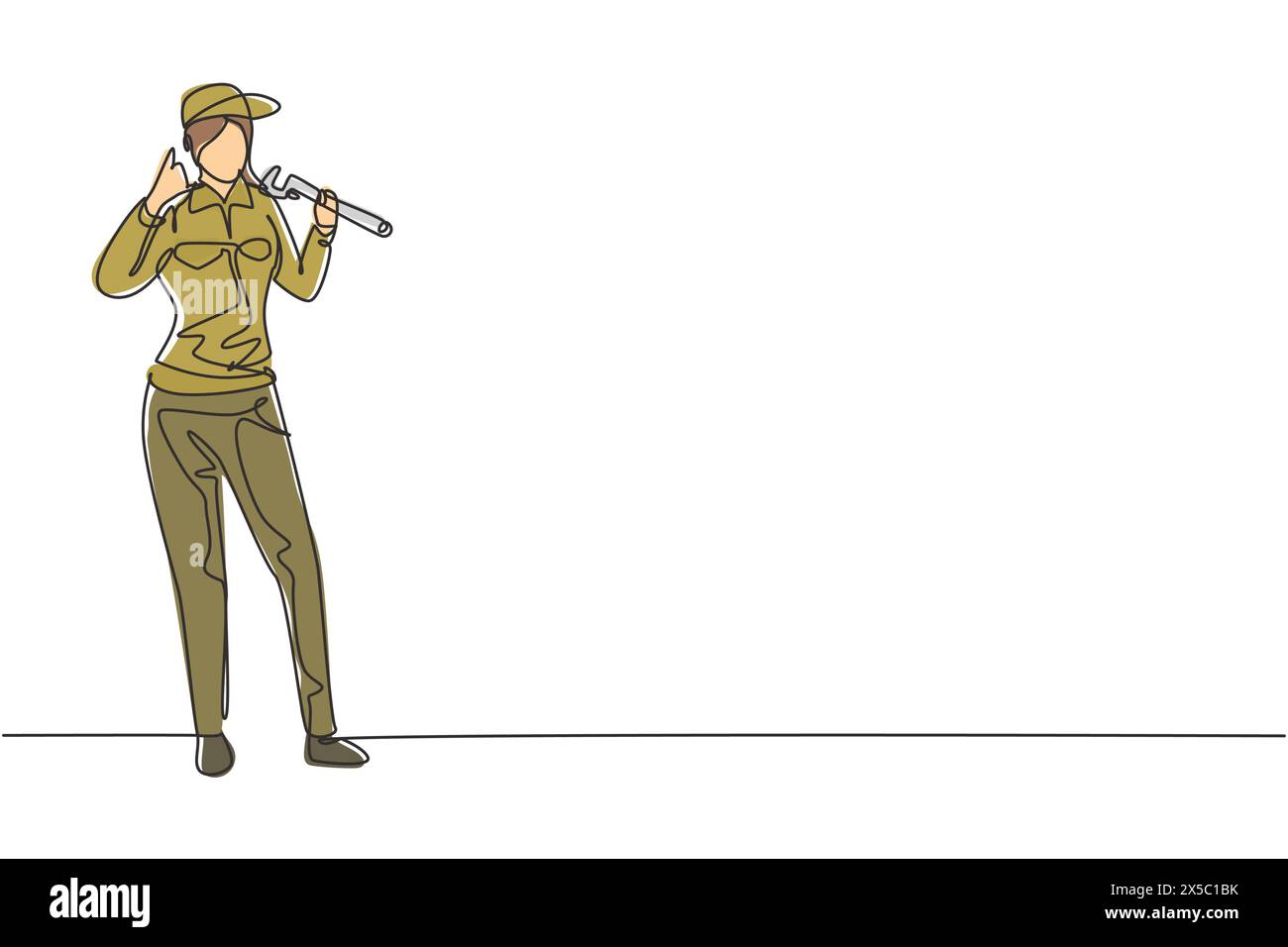 Continuous one line drawing female plumber stands with call me gesture ...