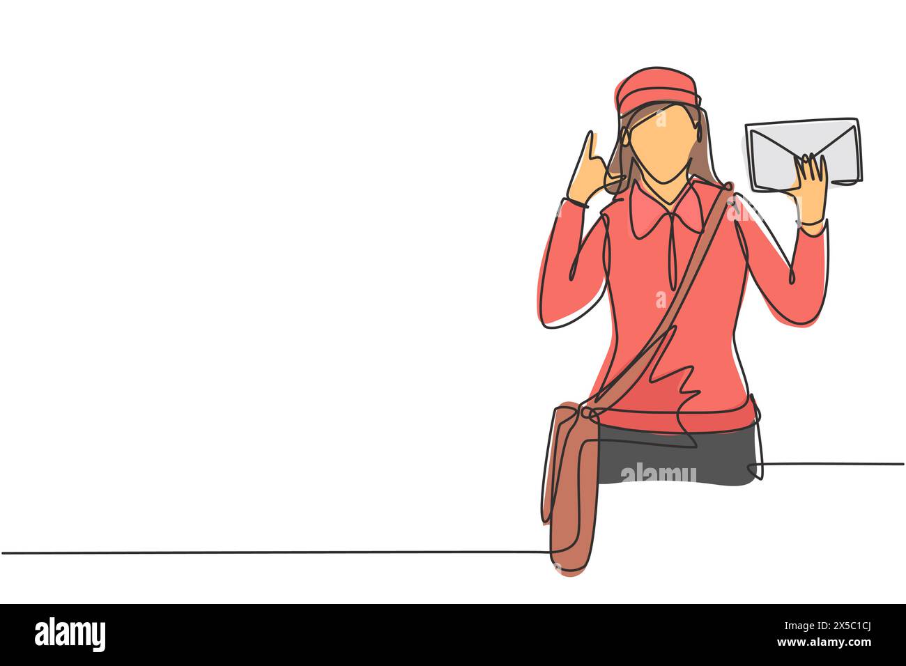 Single continuous line drawing postwoman wearing hat, sling bag, and ...