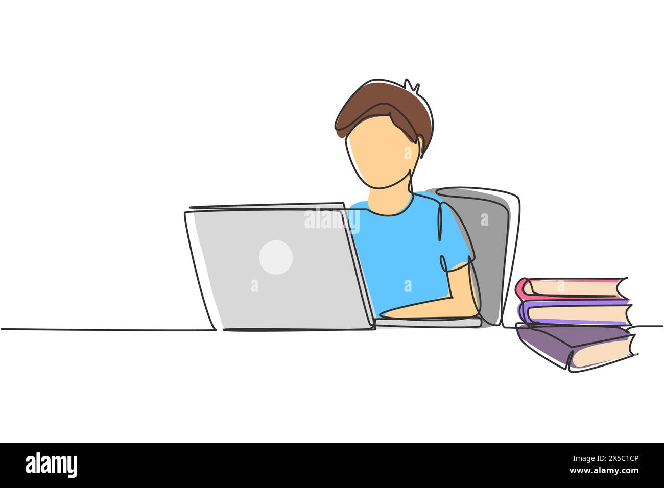 Single continuous line drawing girl studying with laptop and pile of ...