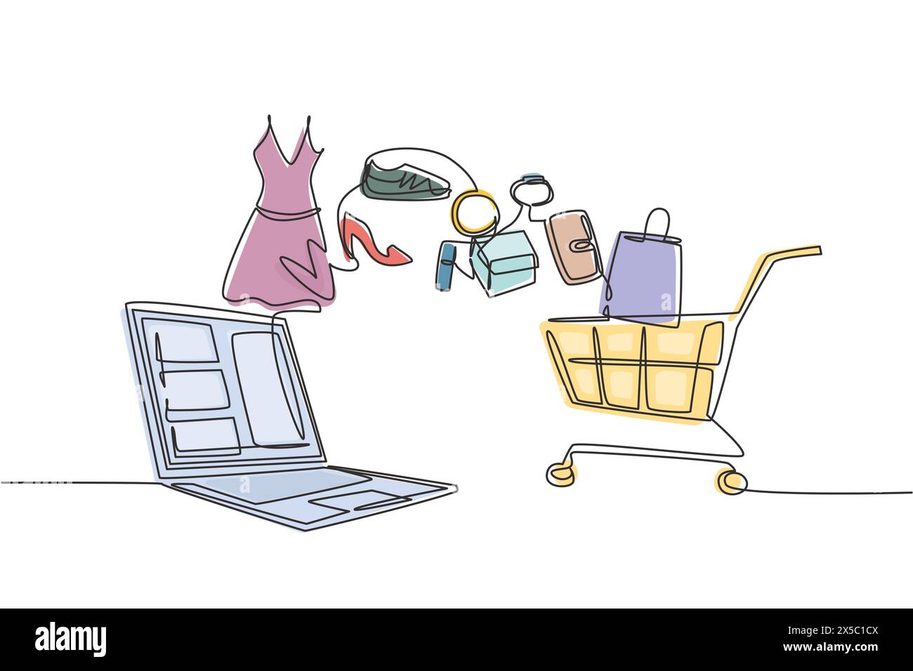 Single one line drawing laptop and shopping cart with products ...