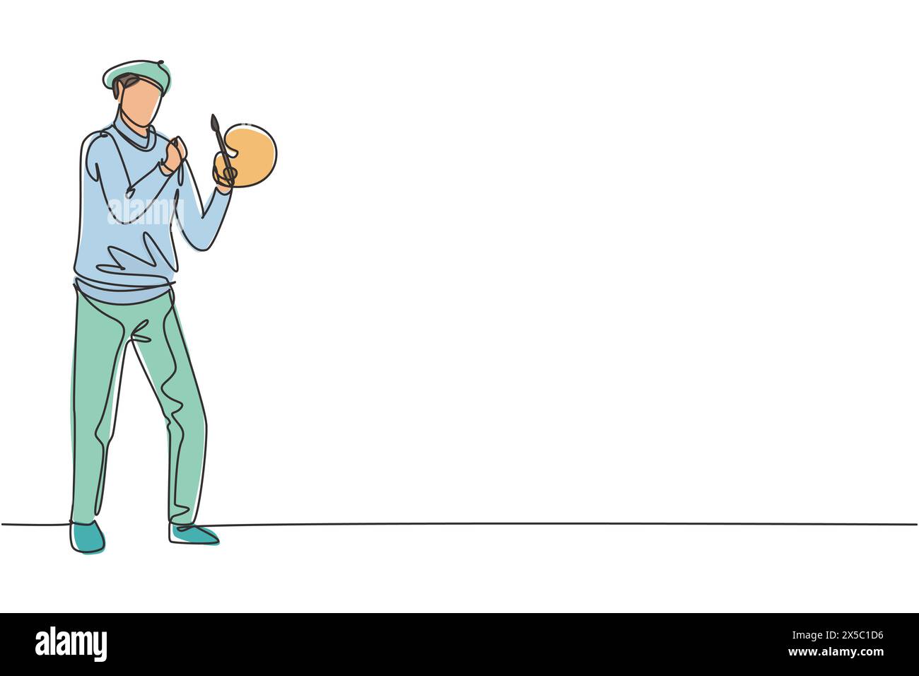 Single one line drawing painter stands with celebrate gesture using a ...