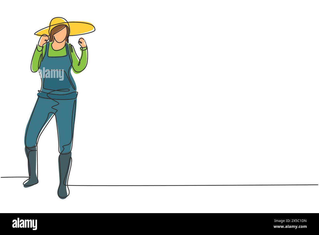Continuous one line drawing female farmer stood with celebrate gesture ...