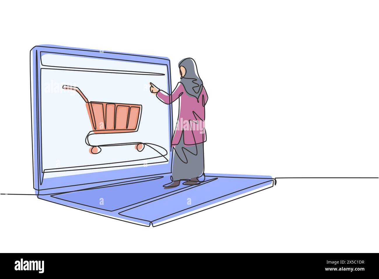 Single continuous line drawing young Arabian woman shopping through ...