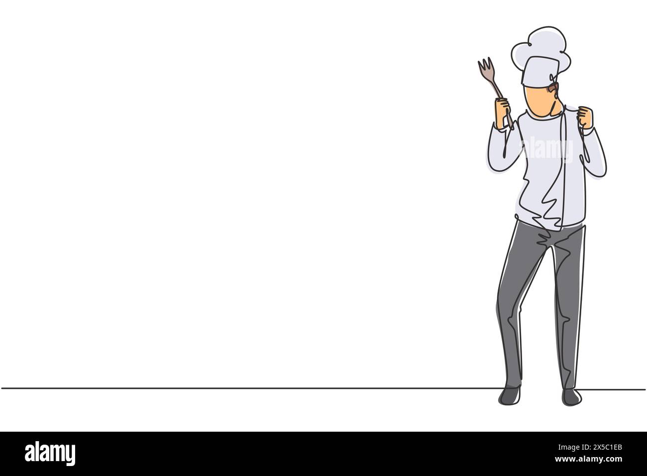 Continuous one line drawing chef stands with celebrate gesture, holding ...
