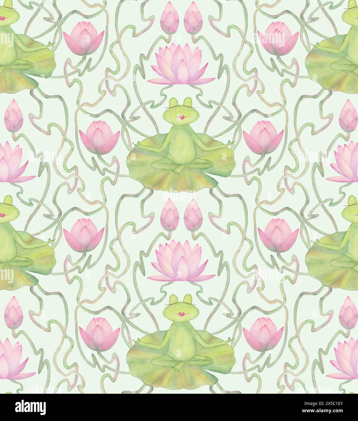 Frogs meditation in art nouveau style lake seamless pattern. Frogs ...