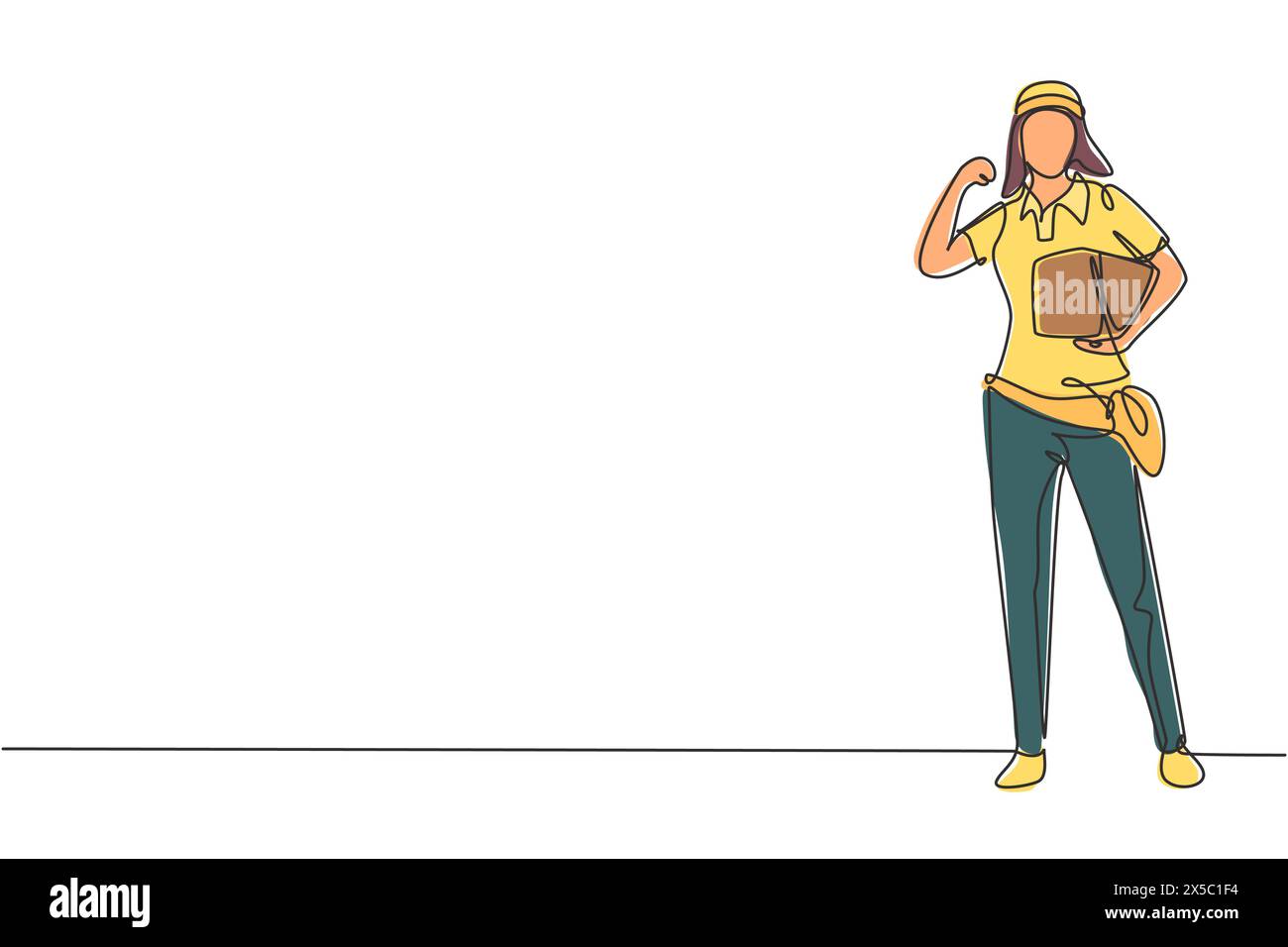 Continuous one line drawing deliverywoman stands with celebrate gesture ...