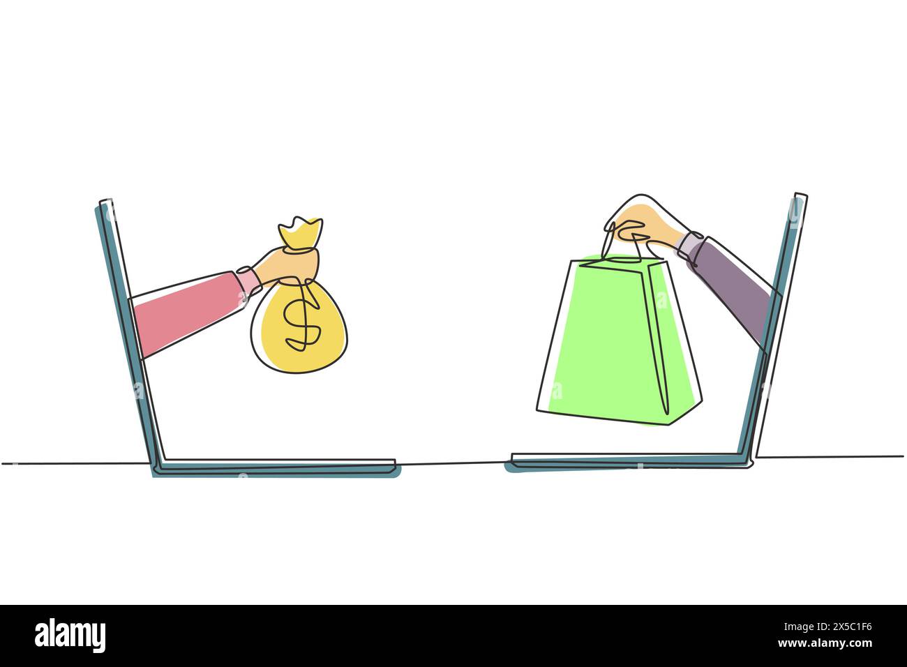 Single one line drawing two hands out of the laptop screen to exchange ...