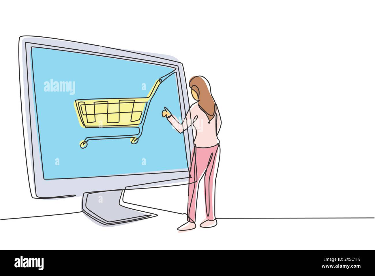 Single one line drawing young woman shopping online via giant computer ...