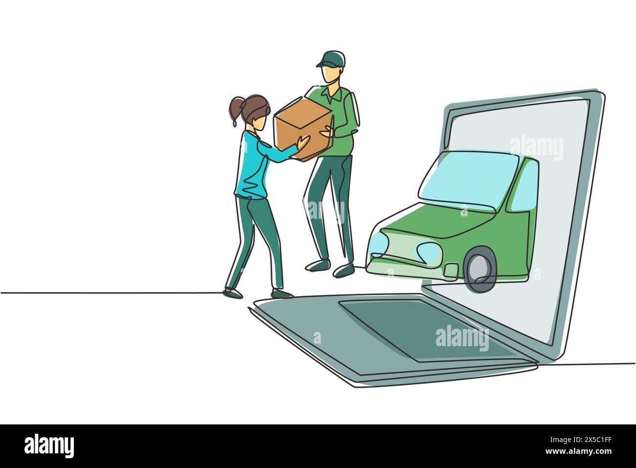 Single one line drawing delivery box car comes out partly from giant ...