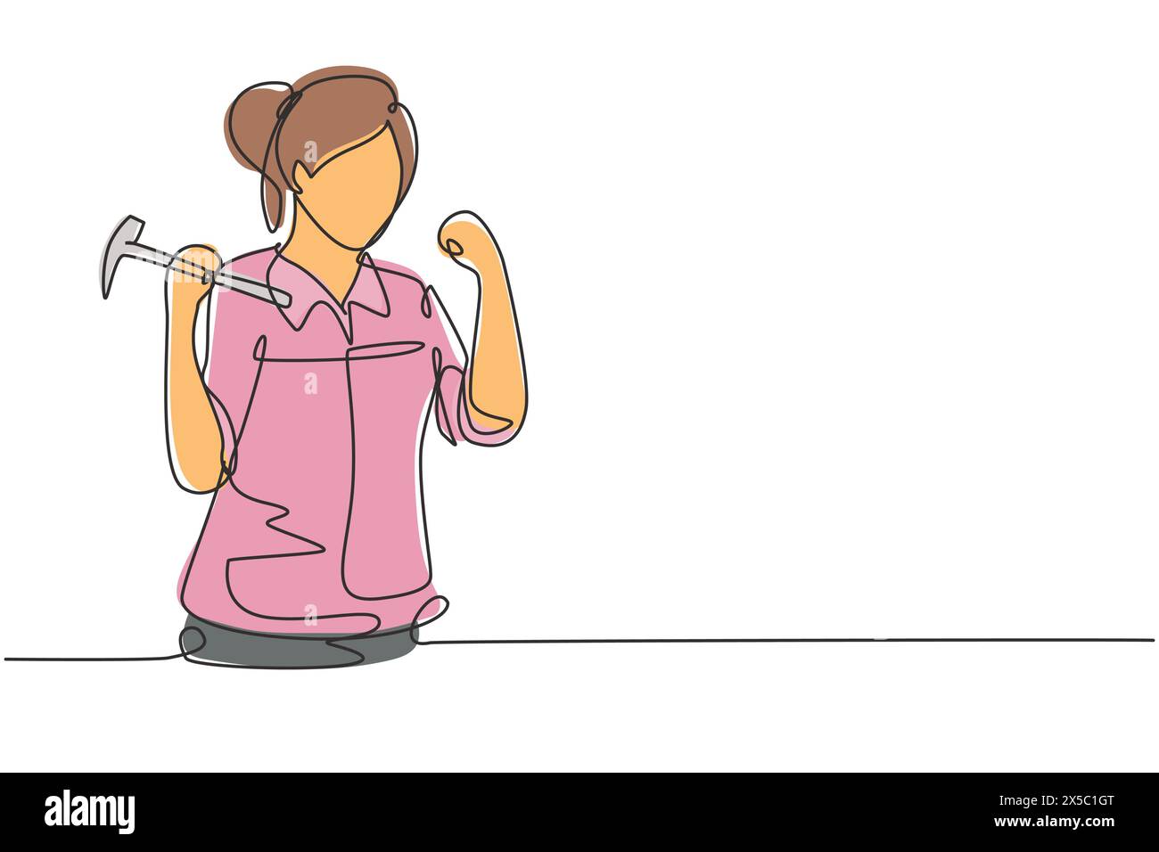 Single continuous line drawing female carpenter with celebrate gesture ...