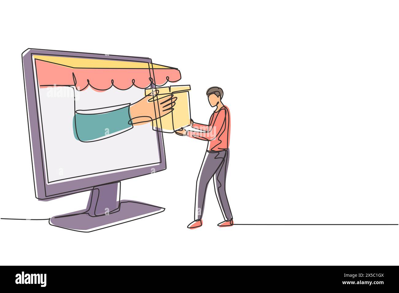 Single continuous line drawing young man receives package box from ...