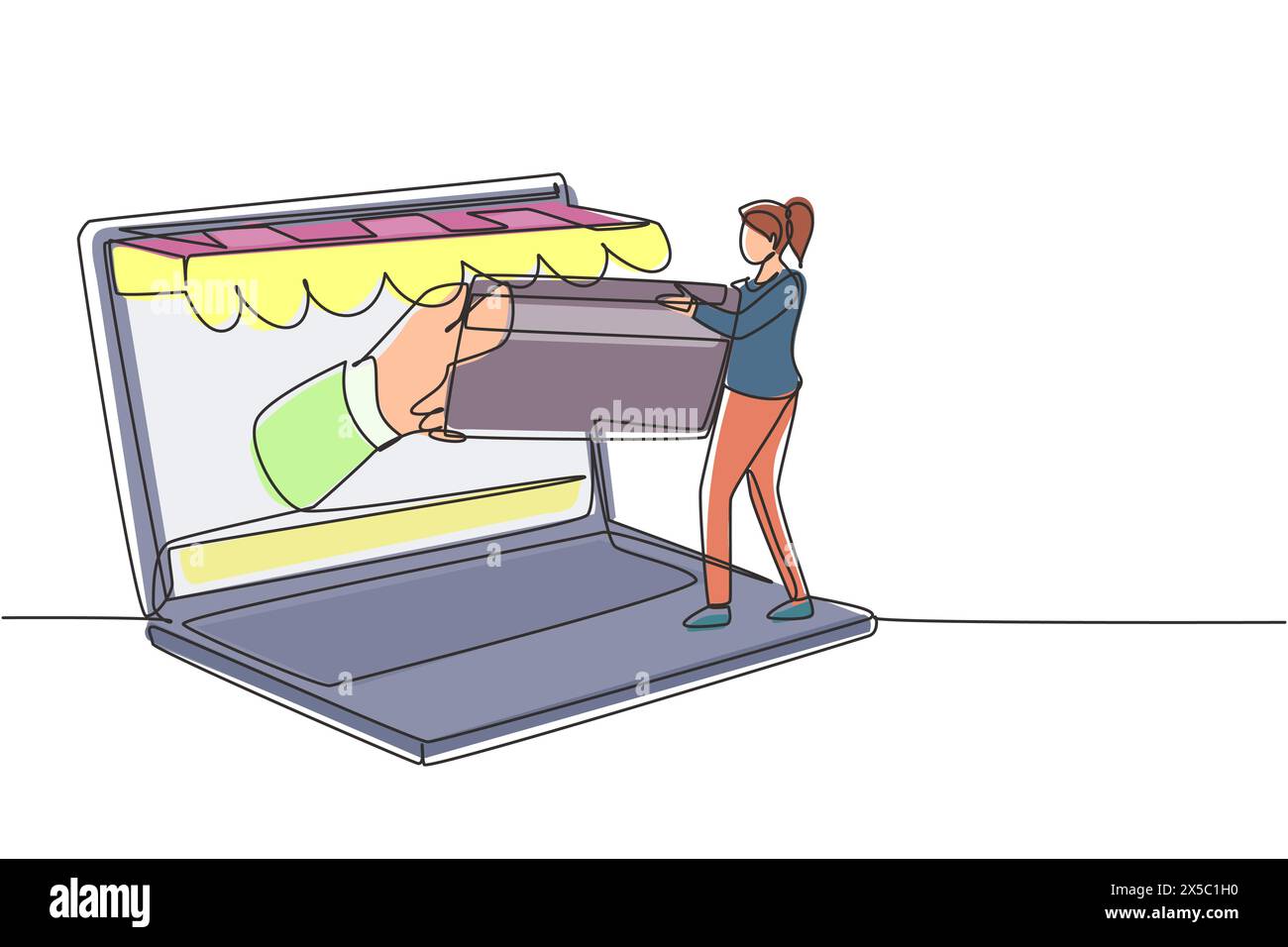 Single one line drawing young woman inserting credit card into large ...