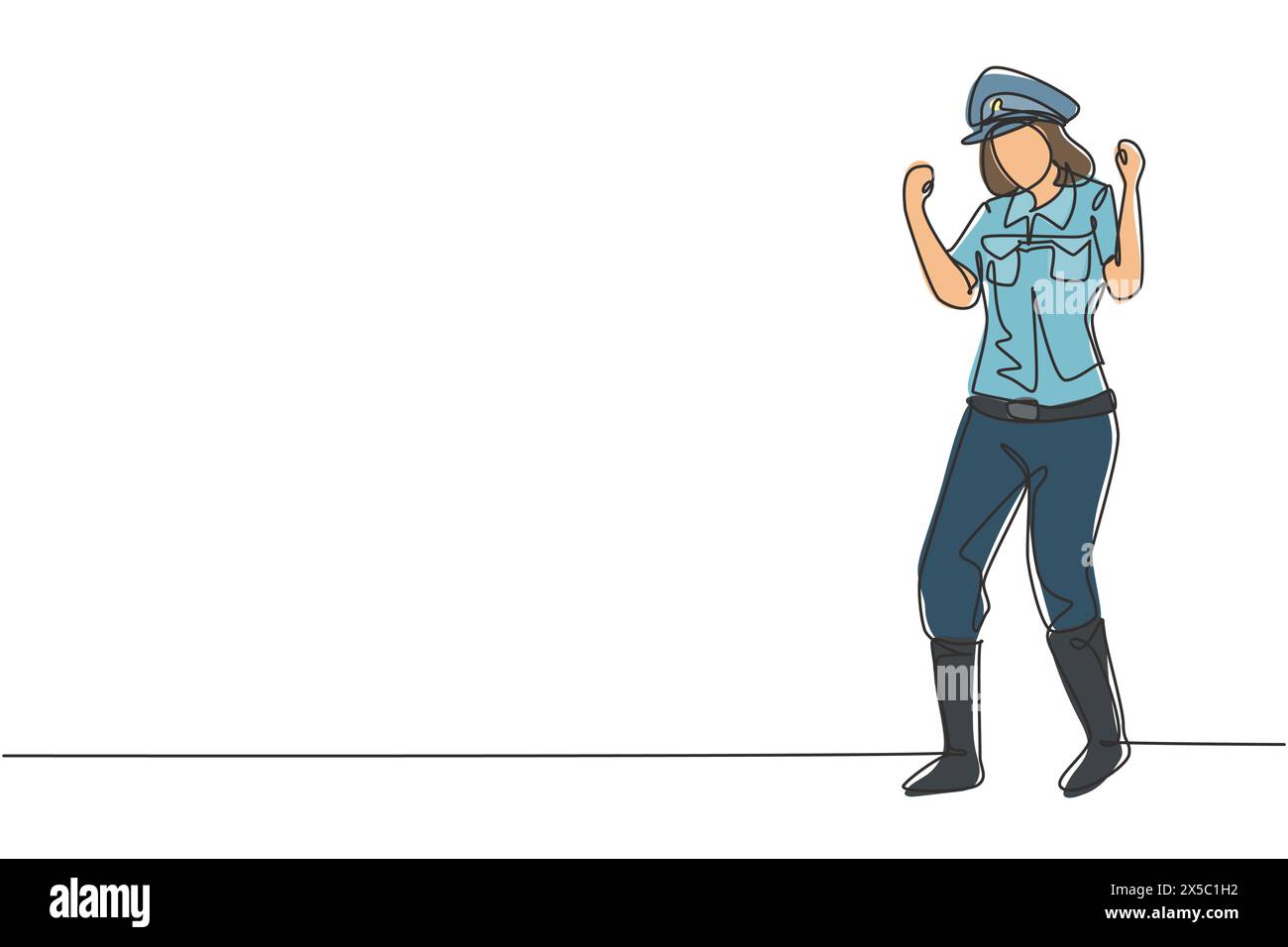 Continuous one line drawing policewoman standing with celebrate gesture ...