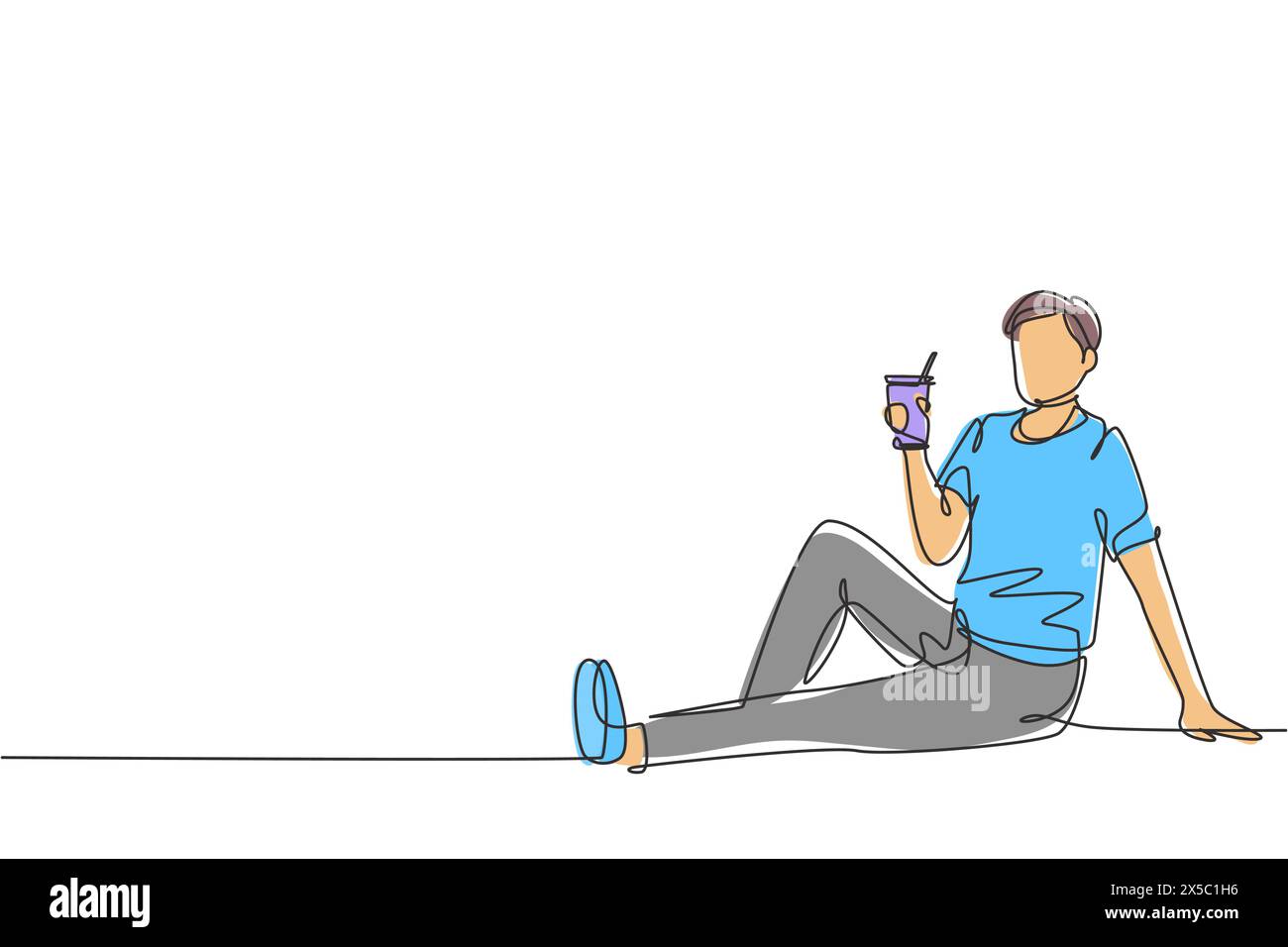 Continuous one line drawing young man sitting relaxed in the park ...