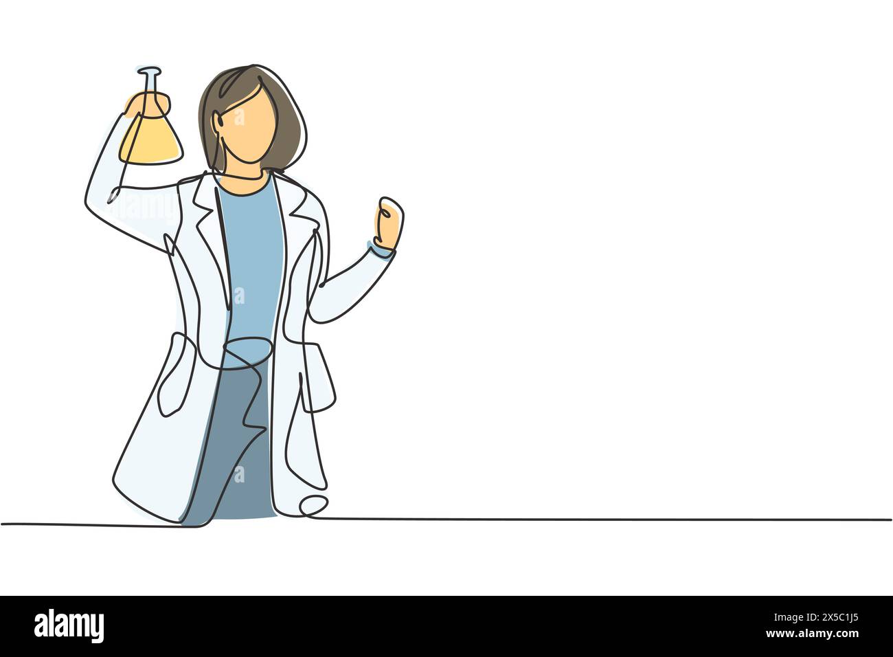 Single one line drawing female scientist with celebrate gesture and ...