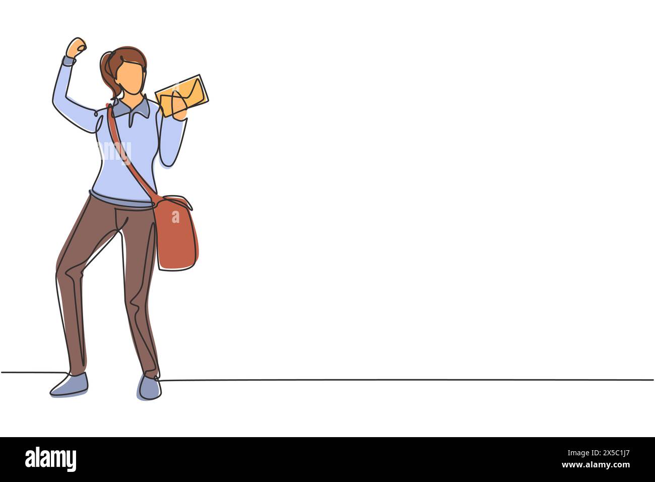 Continuous one line drawing postwoman standing with celebrate gesture ...
